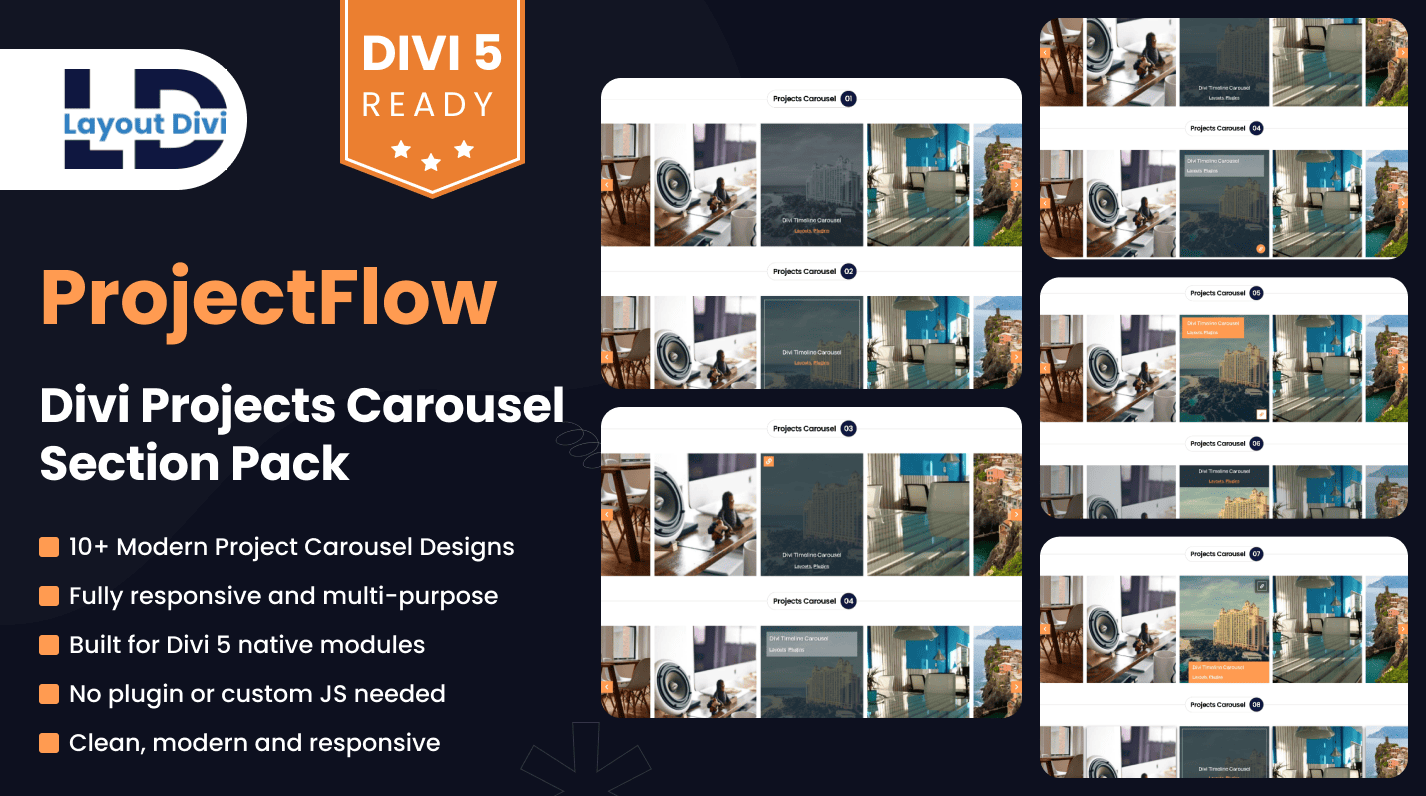 ProjectFlow – Divi Projects Carousel Section Pack | Divi Layouts | The ...